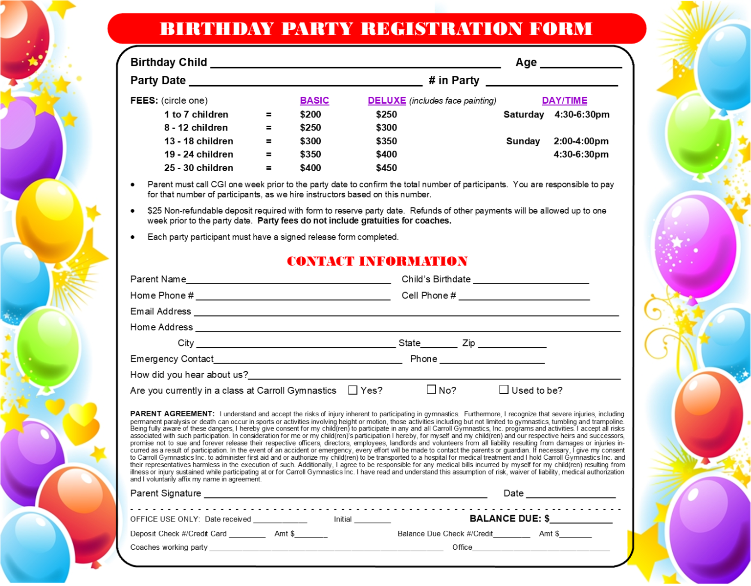 Birthday Party Form – Carroll Gymnastics, Inc.